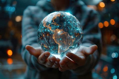 Person Holding A Glowing Digital Globe Representing Global Communication And Technological