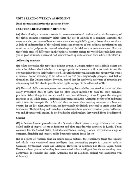 Unit 1 Reading Weekly Assignment Pdf Smile Behavioural Sciences