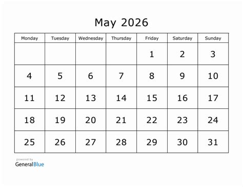 Printable May 2026 Calendar Monday Start