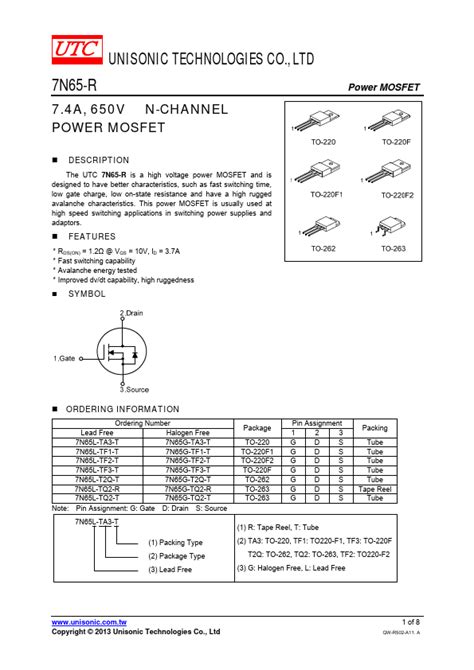 7n65 R Datasheet Mosfet Unisonic Technologies