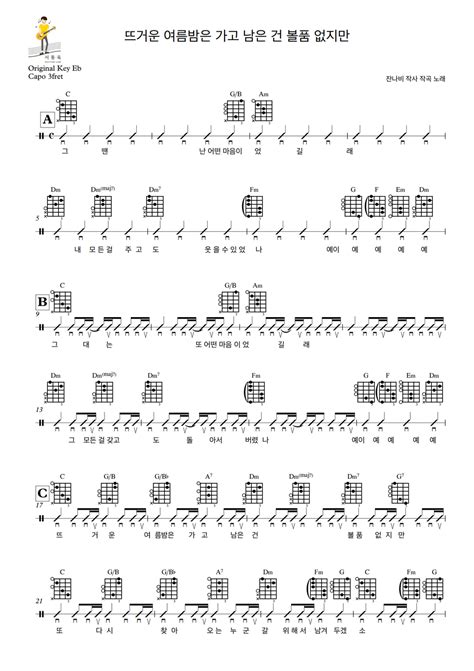 잔나비 JANNABI 뜨거운 여름밤은 가고 남은 건 볼품없지만 Guitar TAB by 서동욱 악보