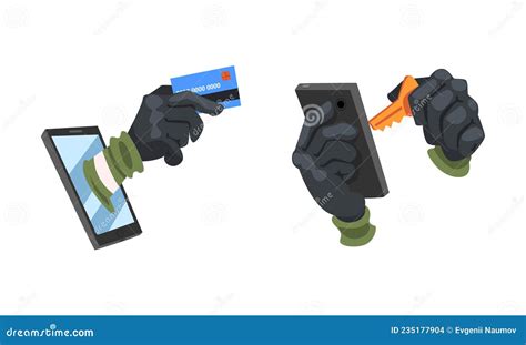Hacker In Black Gloves Breaking Password And Mobile Security Vector Set Stock Vector