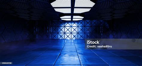 게임용 차고 또는 격납고 미래 지향적인 터널 기술 제품을 위한 연단 제품을 소개하기 위한 구체적인 배경 육각형 패턴의 차고 또는 격납고 게임 디자인 3d 렌더링 Brand