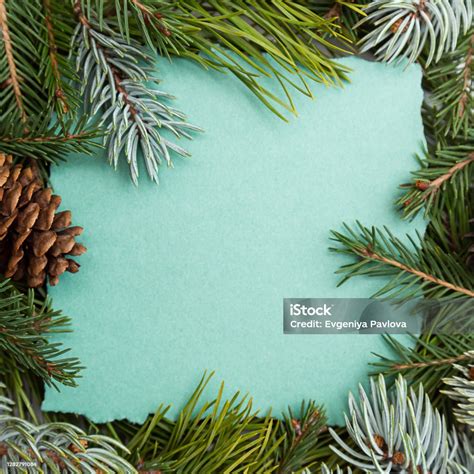다양한 전나무 가지와 원두의 배경에 종이의 빈 녹색 시트 전나무 가지로 만든 프레임 0명에 대한 스톡 사진 및 기타 이미지