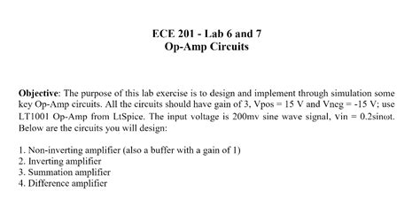 solved ece 201 lab 6 and 7 op amp circuits objective the