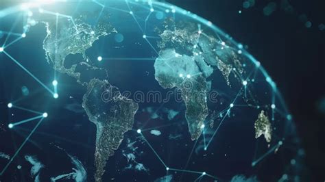 Global Network Digital World Map With Glowing Lines Nodes Technology Communication Concept