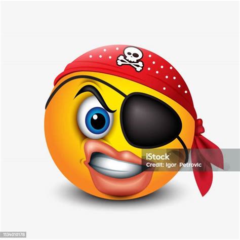 귀여운 해 적 웃는 빨간 해 적 스카프와 눈 패치를 착용이모티콘 이모티콘벡터 일러스트 3차원 형태에 대한 스톡 벡터 아트 및 기타 이미지 3차원 형태 감정 격노한