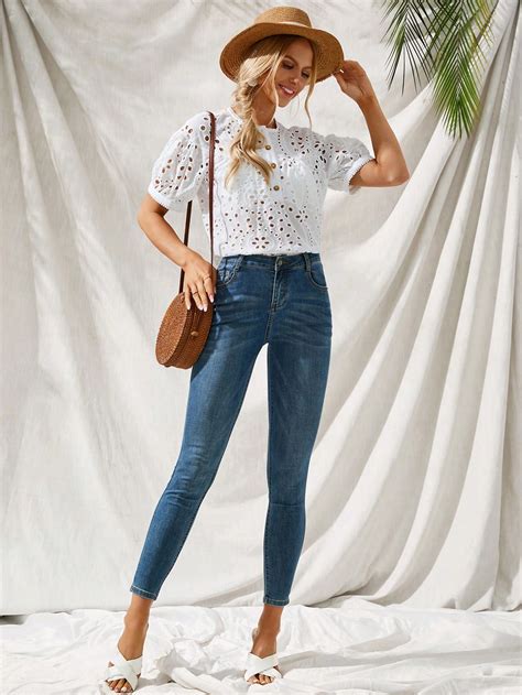Shein Vcay Eyelet Embroidery Button Front Blouse Shein Uk