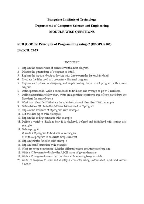 Module Wise Question Bank Bangalore Institute Of Technology Department Of Computer Science And