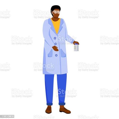 보호 안경 플랫 벡터 일러스트와 실험실 코트의 과학자 의학 화학을 공부 실험실 실험 화학 물질을 가진 여자는 흰색 배경에 만화 캐릭터를 고립 시킬 수 있습니다 Dna에 대한