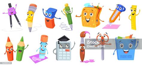 마스코트 학용품 재미있는 만화 문구 캐릭터 이모티콘 물건 귀여운 만화 물건 아이 얼굴 지우개 가위 책 계산기 연필 배낭 깔끔한 벡터 일러스트 레이 션 눈금자에 대한 스톡
