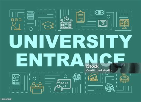 대학 입학 단어 개념 배너입니다 학업 교육 고등학교 공부 입학 시험 프리젠 테이션 웹 사이트 선형 아이콘과 격리 된 문자 타이포그래피 아이디어 벡터 개요 그림 시험에 대한