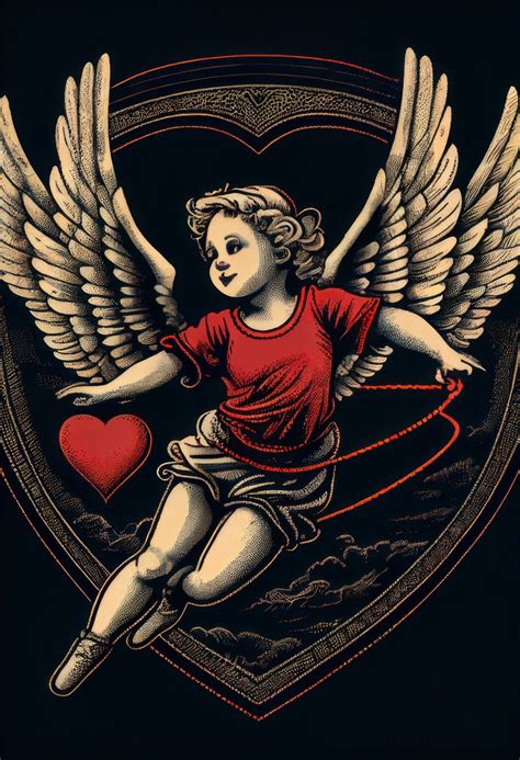 Cupid Flying In Gothic Woodblock Style Printable Digital Greeting Card Valentine