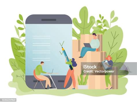 배달 개념 벡터 일러스트 전화에 온라인 응용 프로그램을 사용 하 여 평면 작은 만화 사람들 남자 여자 캐릭터 는 배송 서비스에서