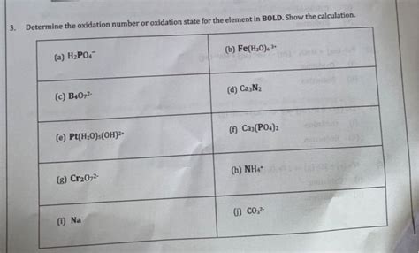 Determine The Oxidation Number Or Oxidation State For The Element In BOLD Show The Calculation