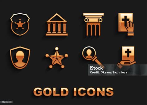 세트 헥사그램 보안관 성경에 선서 검색을위한 돋보기 사용자 보호 법률 기둥 경찰 배지 및 법원 건물 아이콘 벡터 법에 대한 스톡 벡터 아트 및 기타 이미지 Istock