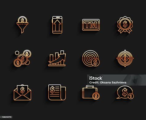 동전 달러 금융 뉴스 리드 관리 서류 가방 및 돈 말풍선 성장 대상 및 기호 아이콘으로 라인 봉투를 설정합니다 벡터 가방에 대한 스톡 벡터 아트 및 기타 이미지 Istock