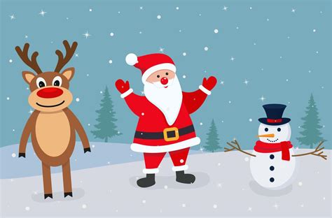 Vector Cartoon Illustration Of Cute Santa Claus Snowman And Deer
