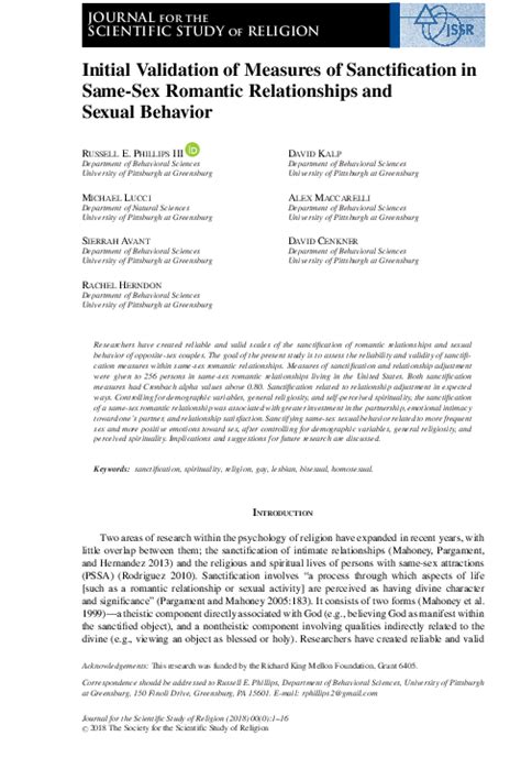 Pdf Initial Validation Of Measures Of Sanctification In Same Sex Romantic Relationships And