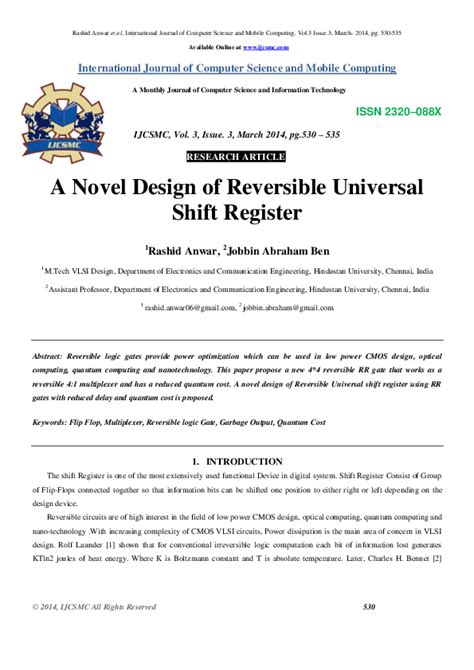 Pdf A Novel Design Of Reversible Universal Shift Register﻿