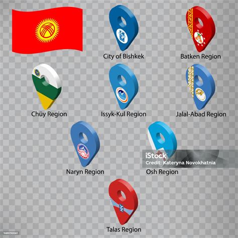 여덟 플래그 키르기스스탄의 지역 알파벳 순서와 이름 키르기스스탄의 깃발 지역과 같은 3d 지리적 위치 표지판 세트 디자인을 위한 8개의 3d 위치 정보 표지판 주당순이익10