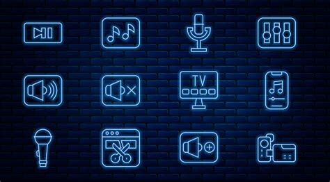 라인 시네마 카메라 음악 플레이어 마이크 스피커 음소거 볼륨 일시 중지 버튼 스마트 Tv 및 메모 톤 아이콘을 설정합니다 벡터 Mp3 플레이어에 대한 스톡 벡터 아트 및