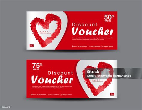 발렌타인 데이 선물 상품권 템플릿 레이아웃 비즈니스 플라이어 디자인 인증서 쿠폰 티켓 할인 카드 레드 심장 아이콘 배너 벡터