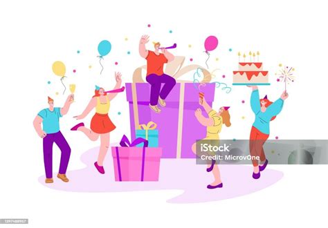 생일 파티 사람들 여성 남자 댄서들은 풍선 선물과 색종이로 축하합니다 휴일 축하 회사 킥키 벡터 캐릭터의 행복한 이벤트 개체 그룹에 대한 스톡 벡터 아트 및 기타 이미지