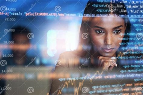 Programming Code And Woman With Focus Hologram And Digital Software With Cyber Security