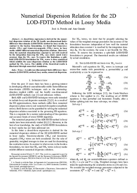 Pdf Numerical Dispersion Relation For The 2 D Lod Fdtd Method In Lossy Media