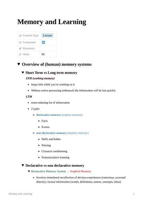 Week 5 Memory And Learning Memory And Learning Content Type Lecture Completed Resources Week
