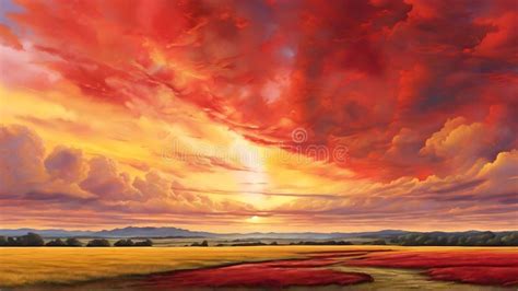 Red And Yellow Sky With Clouds There Is A Glitter Of Light Reflect On The Background Below Is
