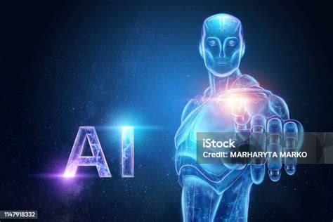 파란색 배경에 로봇 사이보그 인공 지능의 블루 홀로그램 개념 신경망 자동 조종 장치 Robotization 산업 혁명 40 3d 그림 3d 렌더링 3차원 형태에 대한 스톡