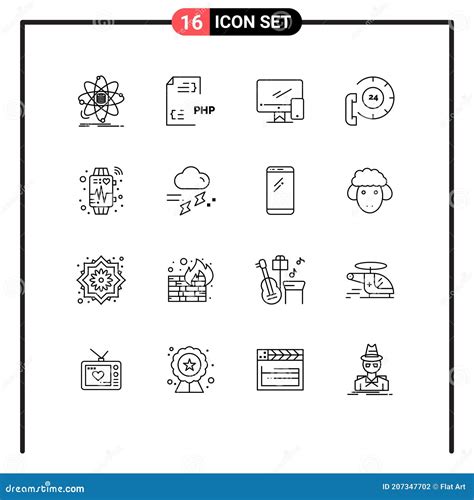 Mobile Interface Outline Set Of 16 Pictograms Of Communication Call Document Mobile Device