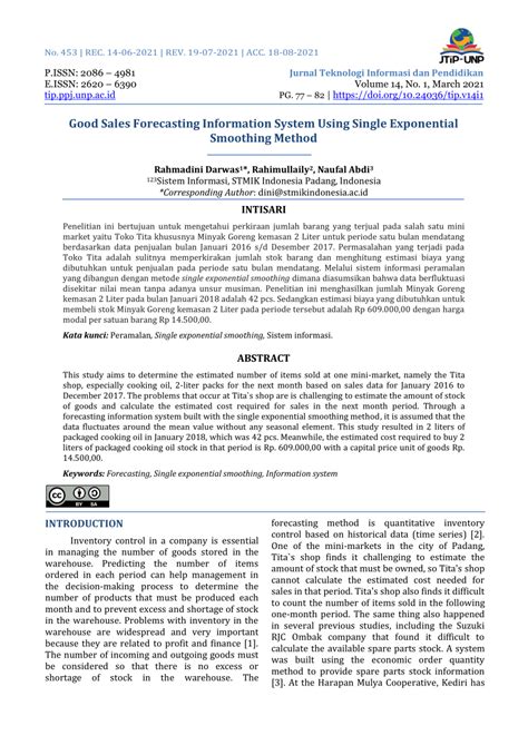 Pdf Good Sales Forecasting Information System Using Single Exponential Smoothing Method