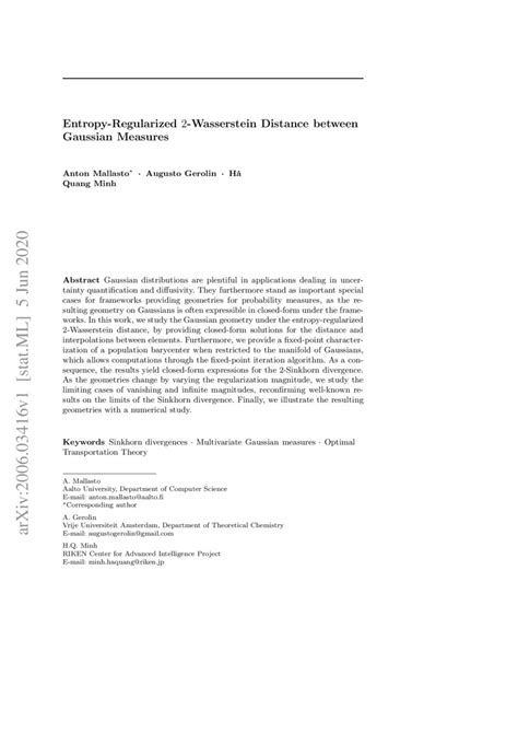 entropy regularized 2 wasserstein distance between gaussian measures deepai
