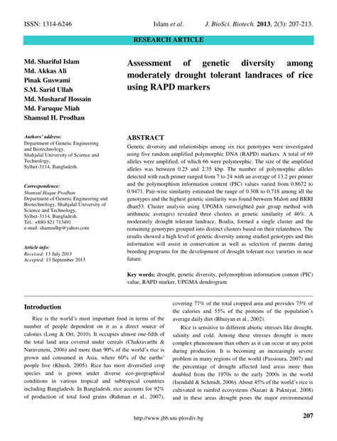Pdf Assessment Of Genetic Diversity Among Moderately Drought Tolerant Landraces Of Rice Using