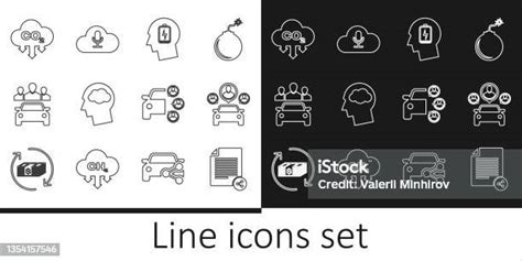 세트 라인 공유 파일 카 쉐어링 배터리 부족 실루엣 클라우드 Co2 배출 및 음악 스트리밍 서비스 아이콘을 갖춘 헤드 벡터 0명에 대한 스톡 벡터 아트 및 기타 이미지