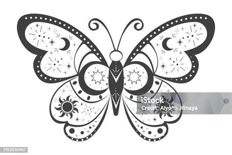 마법의 신성한 장식 난해한 문신 나방 또는 나비 어두운 선 흰색 배경에 나방 또는 나비 태양 별과 달과 테두리 천상의 신비 난해한 장식 0명에 대한 스톡 벡터 아트 및 기타