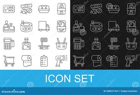 Set Line Scanner Scanning Bar Code Shopping Basket Meat Packaging Steak Chicken Egg Box