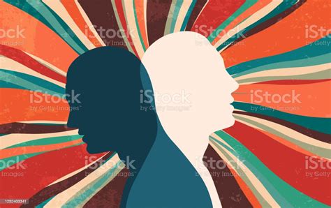 은유 양극성 장애 정신 이중 면 분할 성격 개념 기분 장애 듀얼 성격 개념 2 헤드 실루엣 상상력 정신 건강 스타버스트 배경 조울증에 대한 스톡 벡터 아트 및 기타 이미지