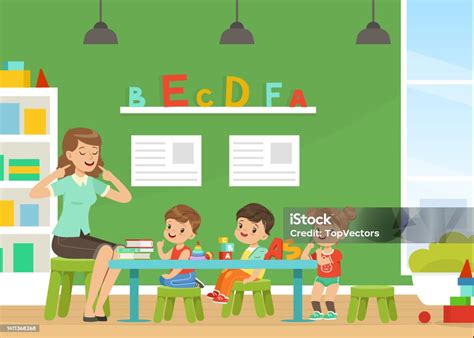 전문 언어 치료사 교육 어린 아이 편지 발음 책과 장난감 블록과 테이블에 앉아 벡터 일러스트 레이 션 개발에 대한 스톡 벡터