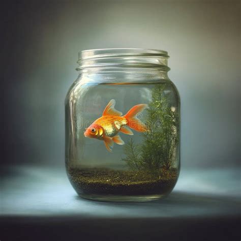 Goldfish Swimming In A Glass Jar With Aquatic Plants Stock Image