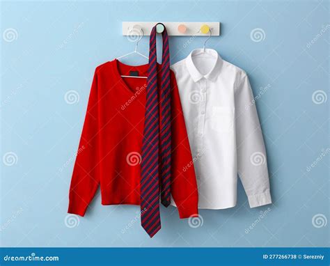 Uniforme De Escola Elegante Pendurado Na Parede Colorida Foto De Stock