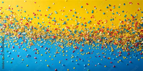 Colorful Confetti Falling On A Blue And Yellow Background Celebration