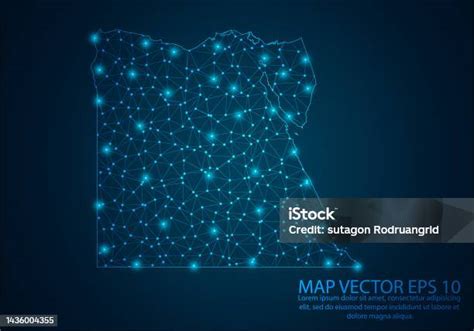 이집트지도가있는 어두운 배경에 추상적 인 매쉬 선과 포인트 스케일3d 메쉬 다각형 네트워크 라인 디자인 구체 점 및 구조 벡터