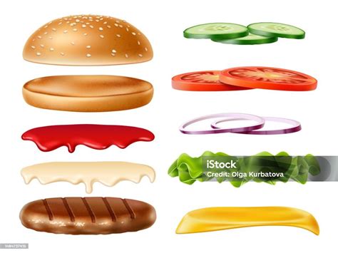 현실적인 햄버거 재료 키트 참깨 케첩 마요네즈 야채와 고기 패티 양파와 치즈 맛있는 패스트푸드 생성자 Utter 벡터 세트와 격리된 3d 밀빵 번 빵에 대한 스톡 벡터 아트