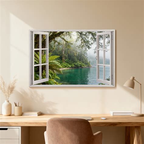 Breakwater Bay Landscape And Nature Forest Lake View Through Open Window
