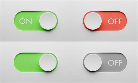 켜기 및 끄기 토글 스위치 버튼은 앱 또는 웹 사이트 3d 렌더링을 위한 스위치 디자인을 설정합니다 프리미엄 사진