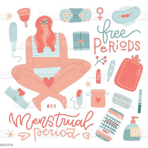 귀여운 손으로 그린 생리 위생 제품 세트 탐폰 위생 및 재사용 가능한 패드 따뜻한 생리컵 팬티 따옴표와 귀여운 여성 캐릭터를 레터링합니다 플랫 만화 벡터 일러스트레이션 생활